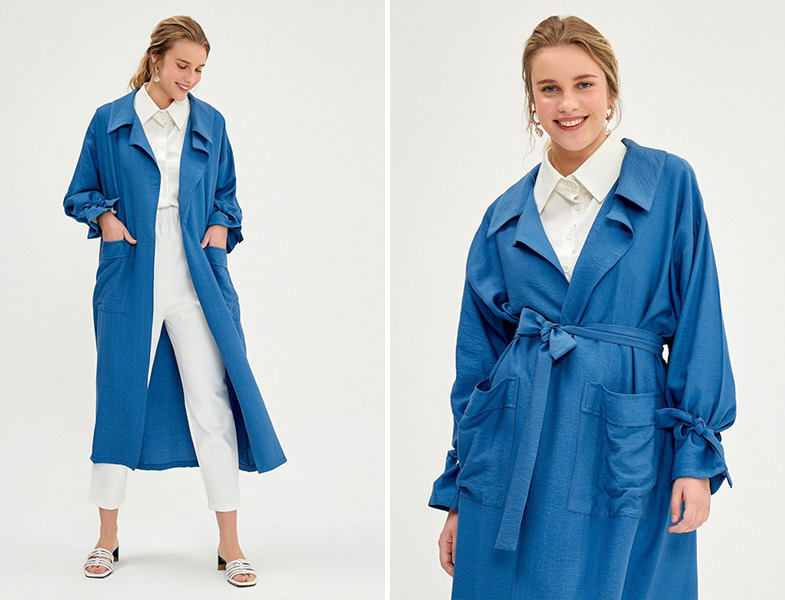 Elif Eser İndigo Keten Trençkot | Resimlerle Tesettür Giyim Modelleri ...